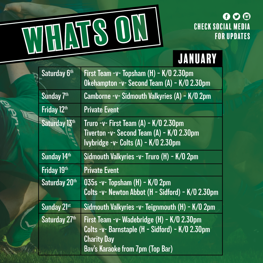 Fixtures & Events at Sidmouth RFC In January '24